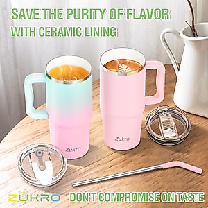 Zukro 24 oz Ceramic Coated Interior Tumbler with Handle and Straw, No Metal taste or Smell, Leakproof No Sweat Stainless Steel Coffee Cup with 2 Lids, Dishwasher Safe Insulated Travel Mug, Black