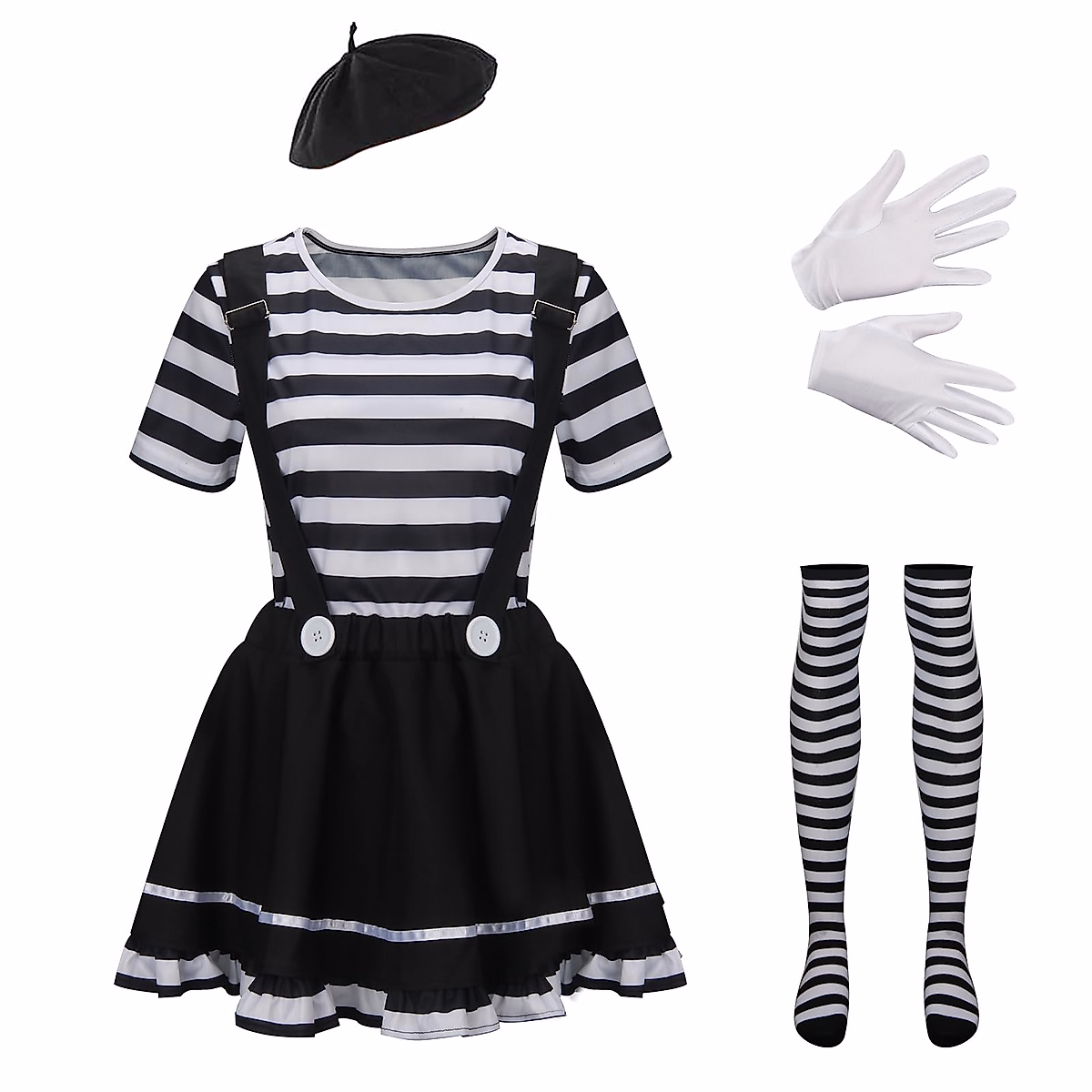 SOLOTIMES Adult Women French Mime Costume Outfit Girls Paris Artist Halloween Cosplay Shirt Dress Beret Socks Gloves Suit Set (Large)