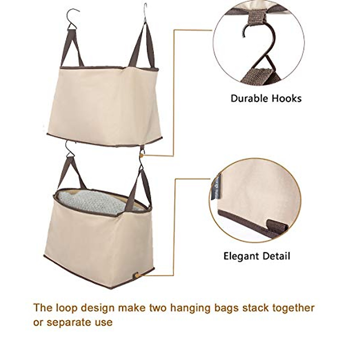 STORAGE MANIAC 2-Shelf Hanging Closet Organizer, Cloth Hanging Closet Shelf, Canvas Hanging Closet Basket with Hooks for Dorm, Apt, Bedroom, College, Garment Rack, Wardrobe, Fabric