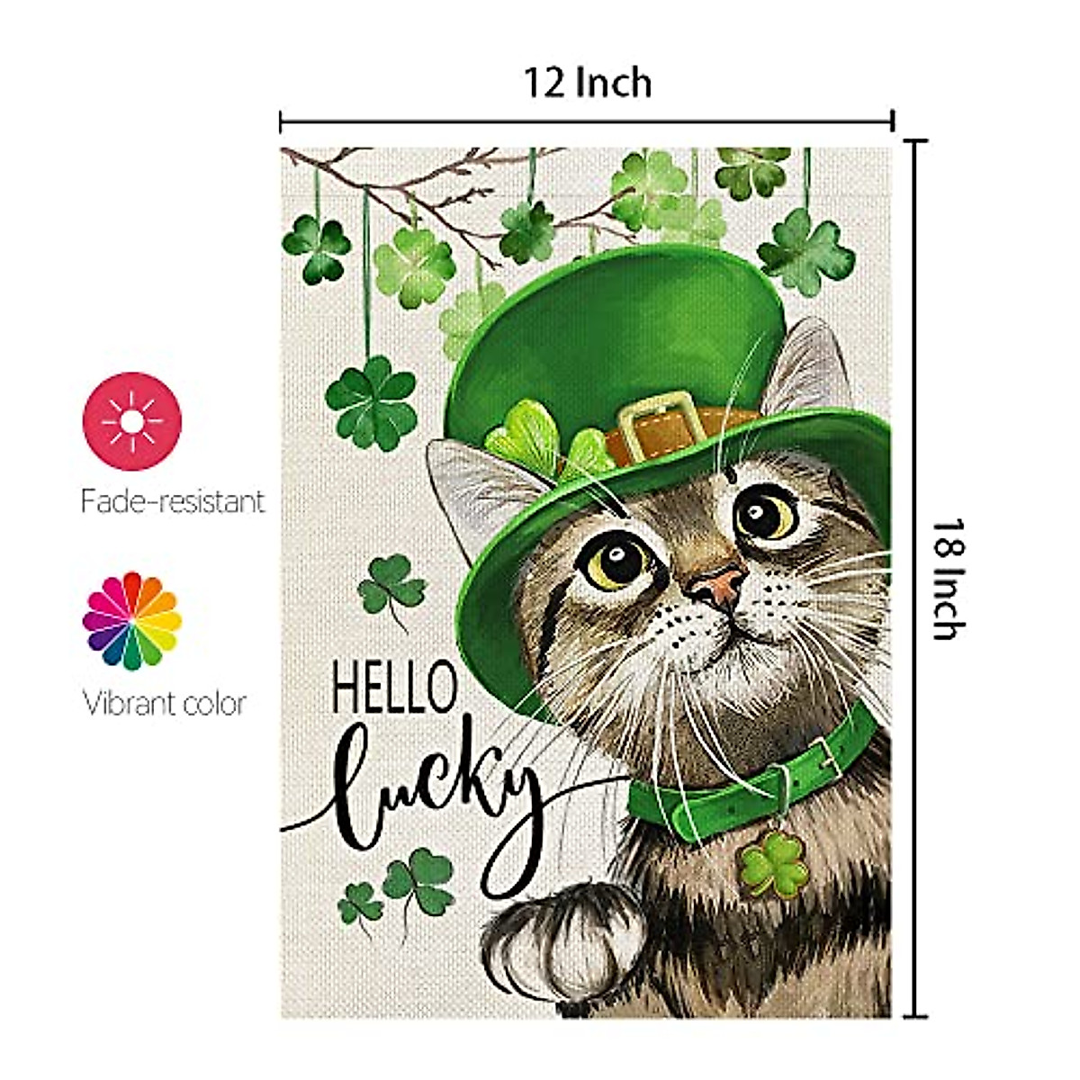 CROWNED BEAUTY St Patricks Day Cat Garden Flag 12x18 Inch Double Sided for Outside Small Hello Lucky Burlap Green Shamrocks Clovers Hat Yard Holiday Decoration