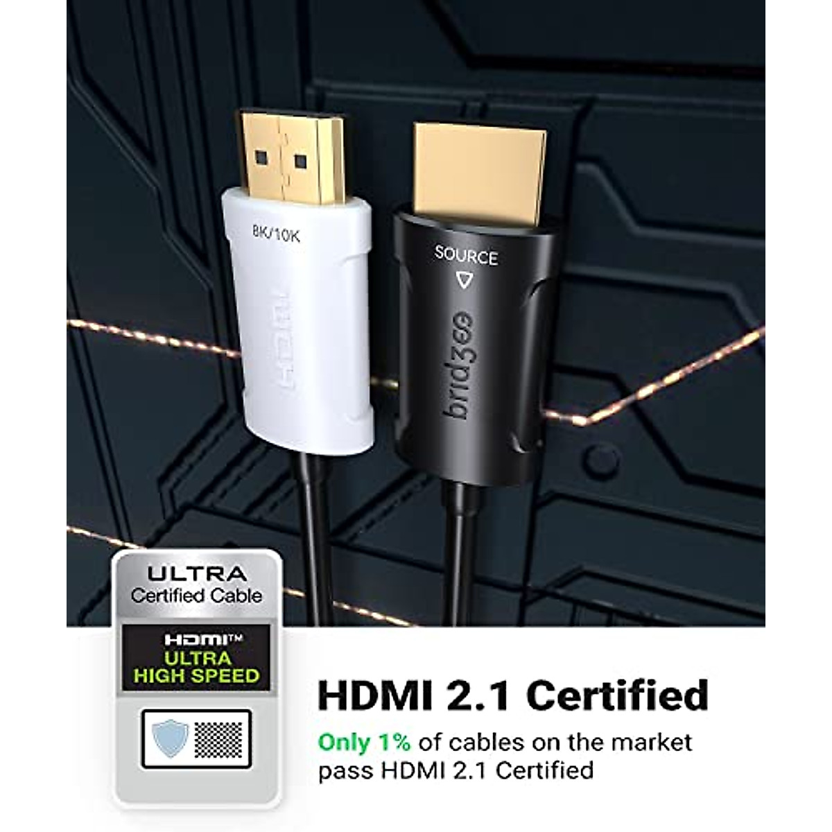 BRIDGEE HDMI 2.1 Cable [Certified] 6.54ft, 48Gbps Ultra High Speed Fiber Optic HDMI Cable(8K@60Hz,4K@120Hz), Support eARC,HDCP 2.3,Dolby Atoms,Compatible with PS5,Blu-ray Player,8K TVs