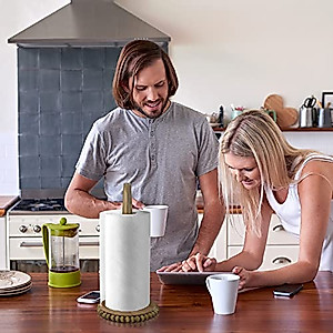 Farmhouse Paper Towel Holder Washed Beaded Paper Towel Stand Wood Paper Hanger Rack Standing Towel Roll Stand Organizer Paper Roll Holder Roll Dispenser for Kitchen Bathroom Countertop (Brown)