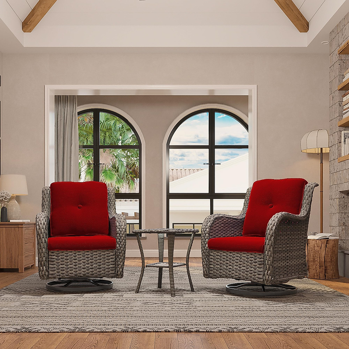 Gardenbee Outdoor Swivel Rocker Patio Chairs Set of 4 - Outdoor Wicker Patio Conversation Sets 4 Pieces with Olefin Fabric Cushions Suitable for Backyard Deck and Porch, Red