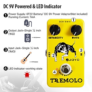 JOYO Tremolo Effect Pedal Beloved Old Amps Photoelectric Tube Circuitry Tremolo for Electric Guitar Effect - True Bypass (JF-09)