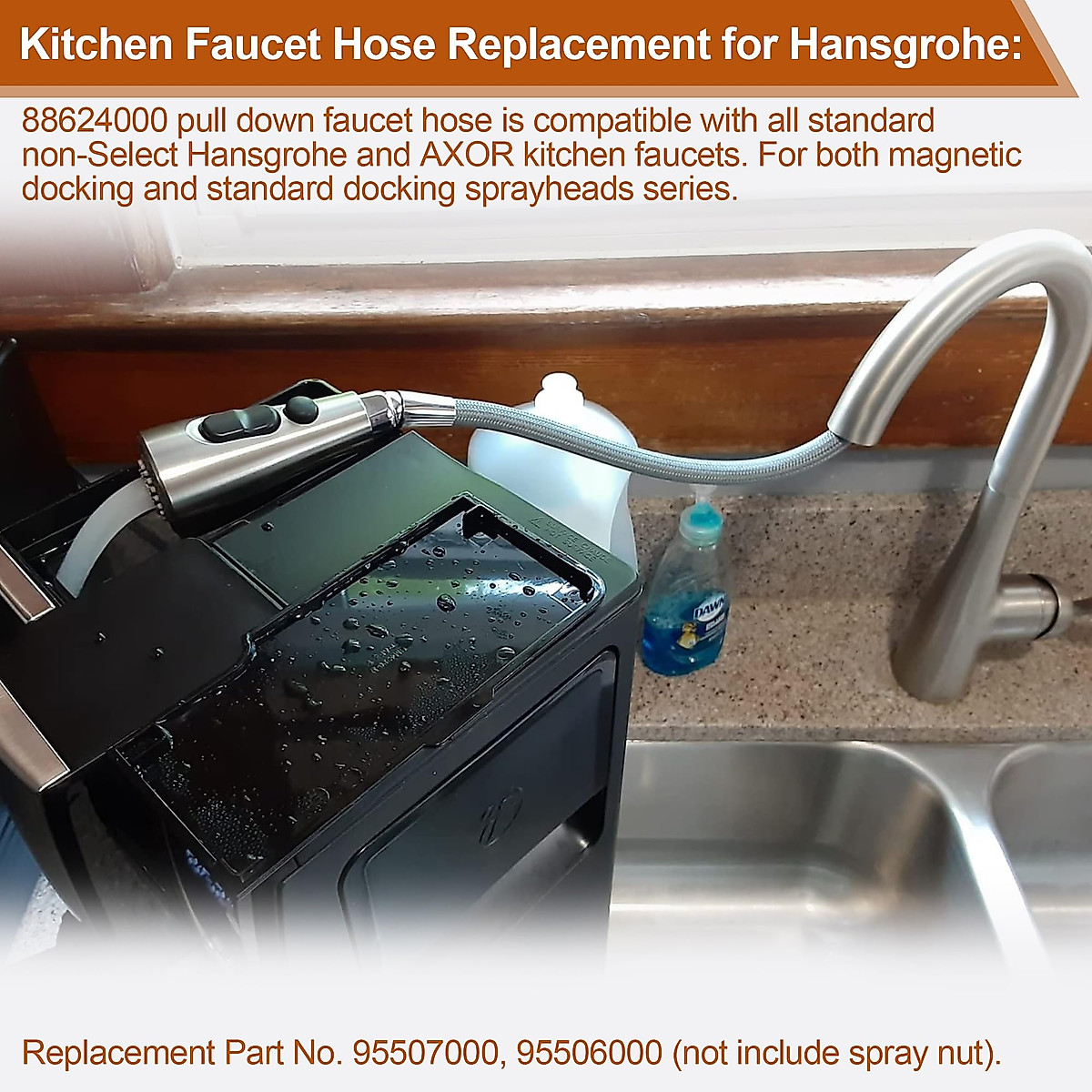 88624000 Kitchen Faucet Pull Out Hose Replacement for Hansgrohe Sink Spray Faucet, 59 Inch Pull Down Hose with Brass Connectors Replace 95507000 95506000