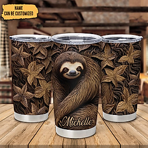 Hyturtle Personalized Gifts For Sloth Lover - Sloth Printed 2D Custom Name Stainless Steel Tumbler 20oz With Lid - Idea Animal Lover Gifts For Women Girl On Birthday, Christmas