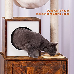 Heybly Cat Tree, Wood Litter Box Enclosure with Food Station, All-in-one Indoor Cat Furniture with Basket and Condo, Modern Style Cat Tower, Hammock, Rustic Brown HCT101SR