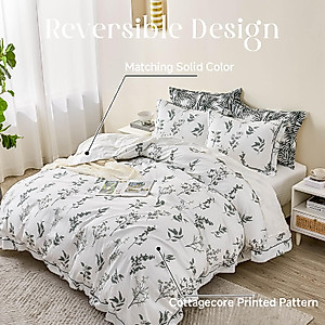 Simple&Opulence 100% Cotton Duvet Cover Set King Size, 3Pcs White Floral Botanical Printed Comforter Cover Set with Button Closure, Soft Breathable Bedding with Linen Trim for All Seasons
