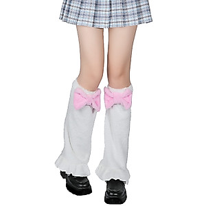 SATINIOR womens Kawaii Leg Warmer Fuzzy Fluffy Bow Cartoon Cosplay Over the Knee Socks, White and Pink, Medium