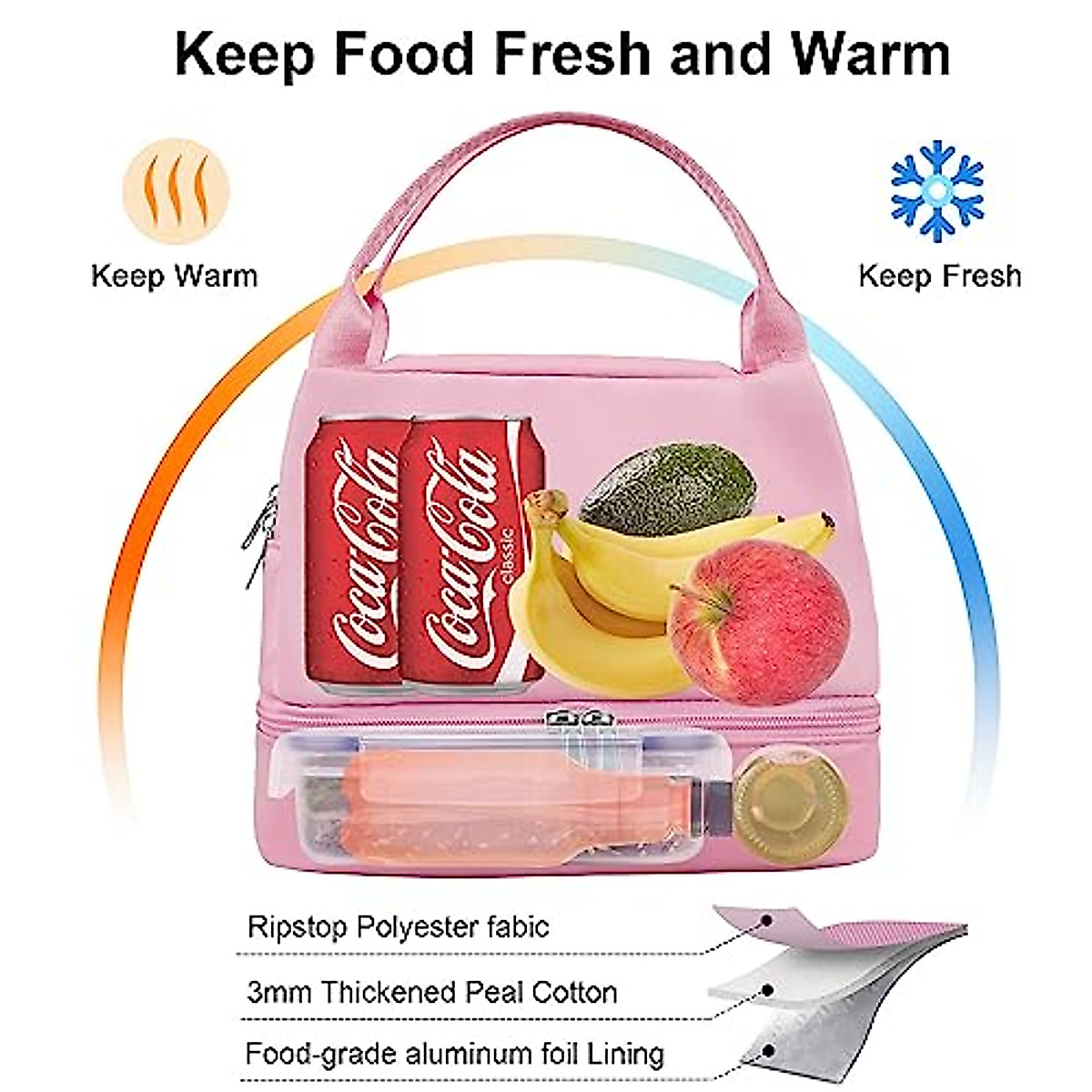 DiiCCi Pink Lunch Box Bag for Women,Double Deck Insulated Lunch Bags for Adult,Small Cute Lunch Bag Tote Bag for Work,Reusable Leakproof Lunch Cooler Bag for Travel Office Picnic Hiking
