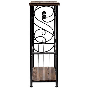 MyGift Freestanding Rustic Burnt Wood Toilet Paper Stand with Display Shelf and Matte Black Metal Scrollwork Magazine Basket, Holds up to 2 Toilet Paper Rolls