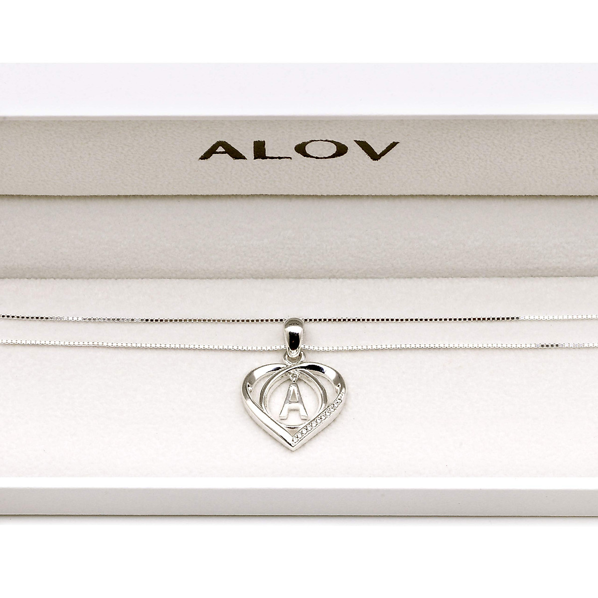 ALOV Jewelry Sterling Silver Initial Letter Alphabet Love Heart Cubic Zirconia Pendant Necklace (A)