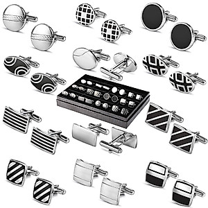 Luckeyui 12 Pairs Cufflinks Set Gifts for Men Vintage Wedding Tuxedo Shirt Cuff Links Silver & Black