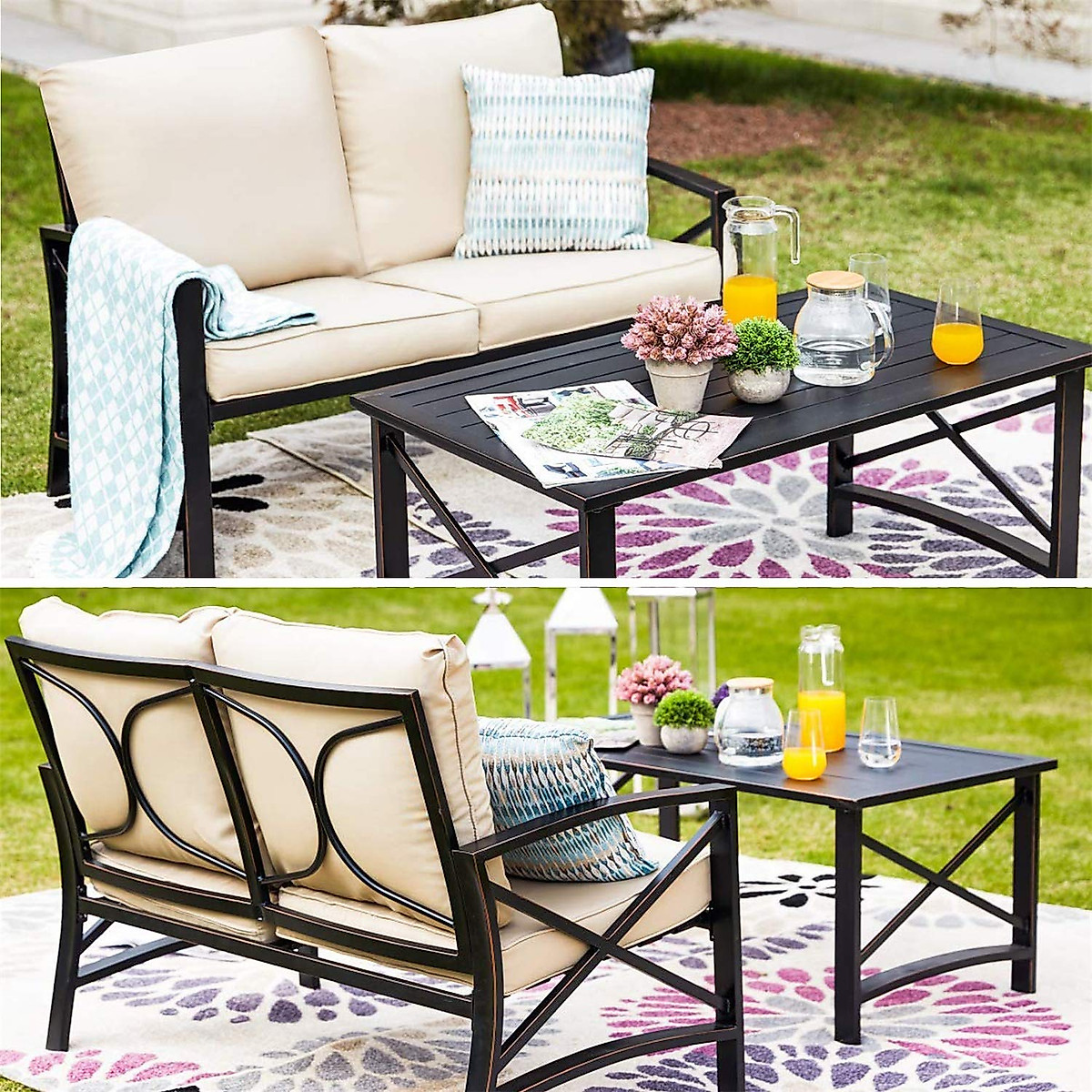 PatioFestival 5 PCS Metal Patio Furniture Conversation Set, Outdoor Patio Conversation Sectional Sets,Iron Steel Frame Loveseat Chair with Cushions, Coffee Table (5 PCS, Khaki)