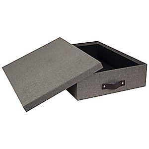 Bigso Oskar Canvas Fiberboard Document Letter Box | File Organizer Document Box for Important Paperwork | Document Storage Box with a Lid & Leather Handle | 3.3″x10.2″x13.8″ | Gray