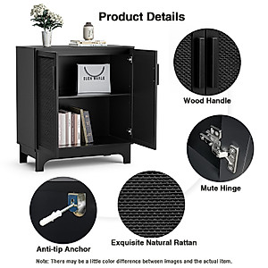 Anmytek Black Rattan Storage Cabinet with 2 Doors, Adjustable Shelf, Large Space - Entryway Hallway Cabinet, Sideboard Buffet for Living Room, Kitchen H0095