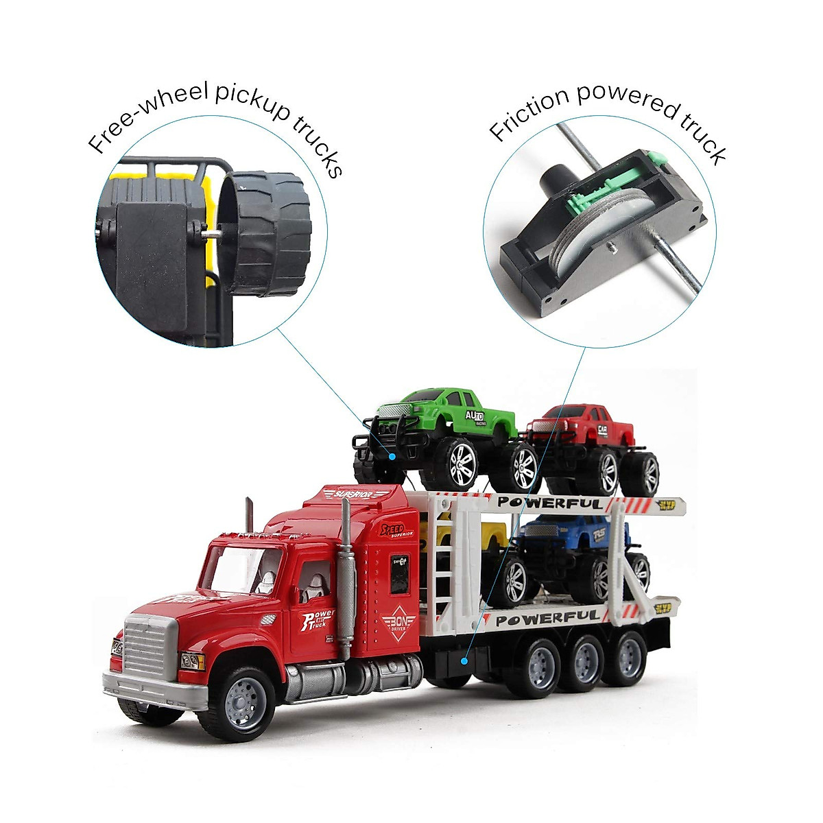 Vokodo Friction Powered Toy Semi Truck Trailer 14.5" With Four Lifted Pickup Cars Kids Push And Go Big Rig Carrier 1:32 Scale Auto Transporter Semi-Truck Play Vehicle Great Gift For Children Boys Girl