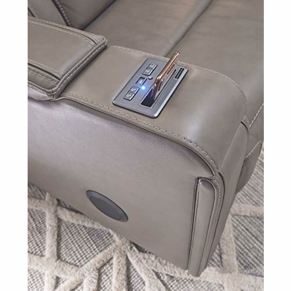Signature Design by Ashley Boerna Leather Power Recliner with Adjustable Headrest, Bluetooth Speakers & Wireless Charger, Gray 41D x 37W x 44H in
