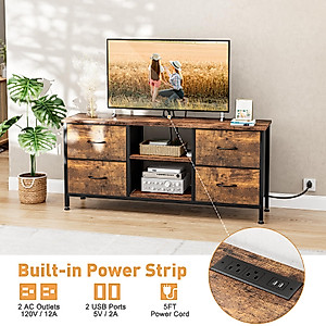 YaFiti TV Stand Dresser for Bedroom, Entertainment Center with Power Outlet for 50" TV, Dressers with 4 Fabric Drawers & Open Shelves for Living Room, Bedroom, Entryway, Rustic Brown