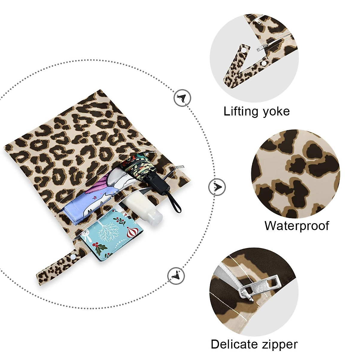 Qilmy 2pcs Leopard Wet Dry Bag Waterproof Reusable Baby Cloth Diaper Wet Dry Organizer for Travel, Beach, Stroller, Diapers, Wet Swimsuits, Toiletries