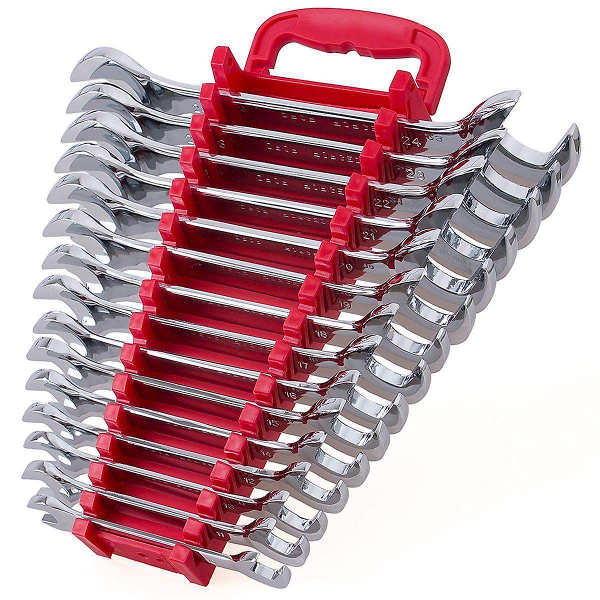 15-Piece Premium Angle Head Open End Wrench Set, Chrome Vanadium Steel, Mirror Chrome Finish | Include Metric Sizes 10, 11, 12, 13, 14, 15, 16, 17, 18, 19, 20, 21, 22, 23, 24mm with Storage Rack