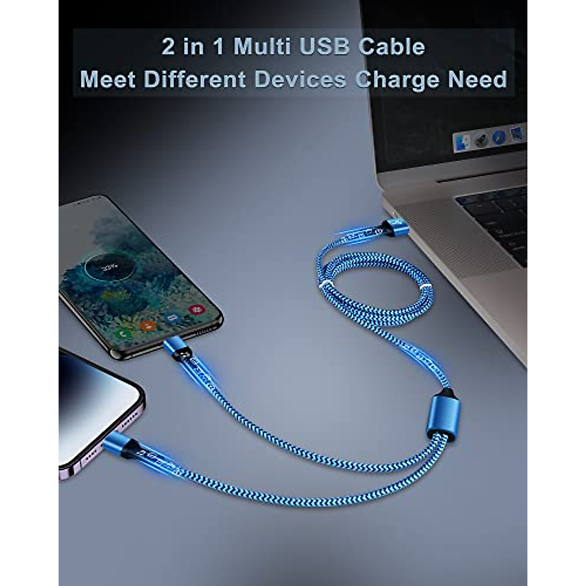 Multiple Charger Cable 2 in 1 iPhone and Android USB Charging Cable, 4ft Nylon Braided Multi Charging Cable with Type-C/Lightning Port Compatible with iPhone 14 Pro Max/14/13/12, iPad, Samsung, Google