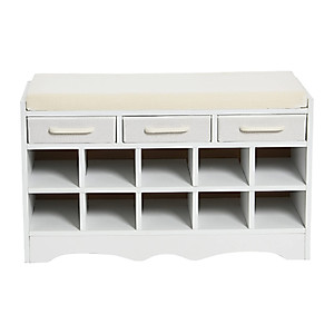 Household Essentials Entryway Storage Bench with 3 White Drawers 10 Shoe Compartments and Cushioned Seat in Scandinavian White