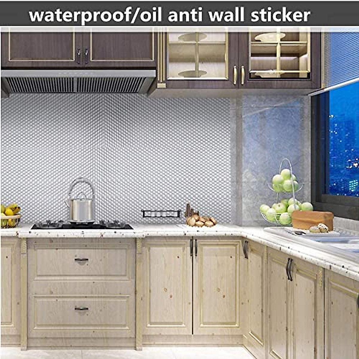 ZODIFEVI Kitchen Backsplash Stickers,15.7X196.9 inch, Self Adhesive Drawer Liner Peel and Stick Foil Wallpaper Cabinets Shelf Sticker (0.4M5M, Cube Texture-Silver)