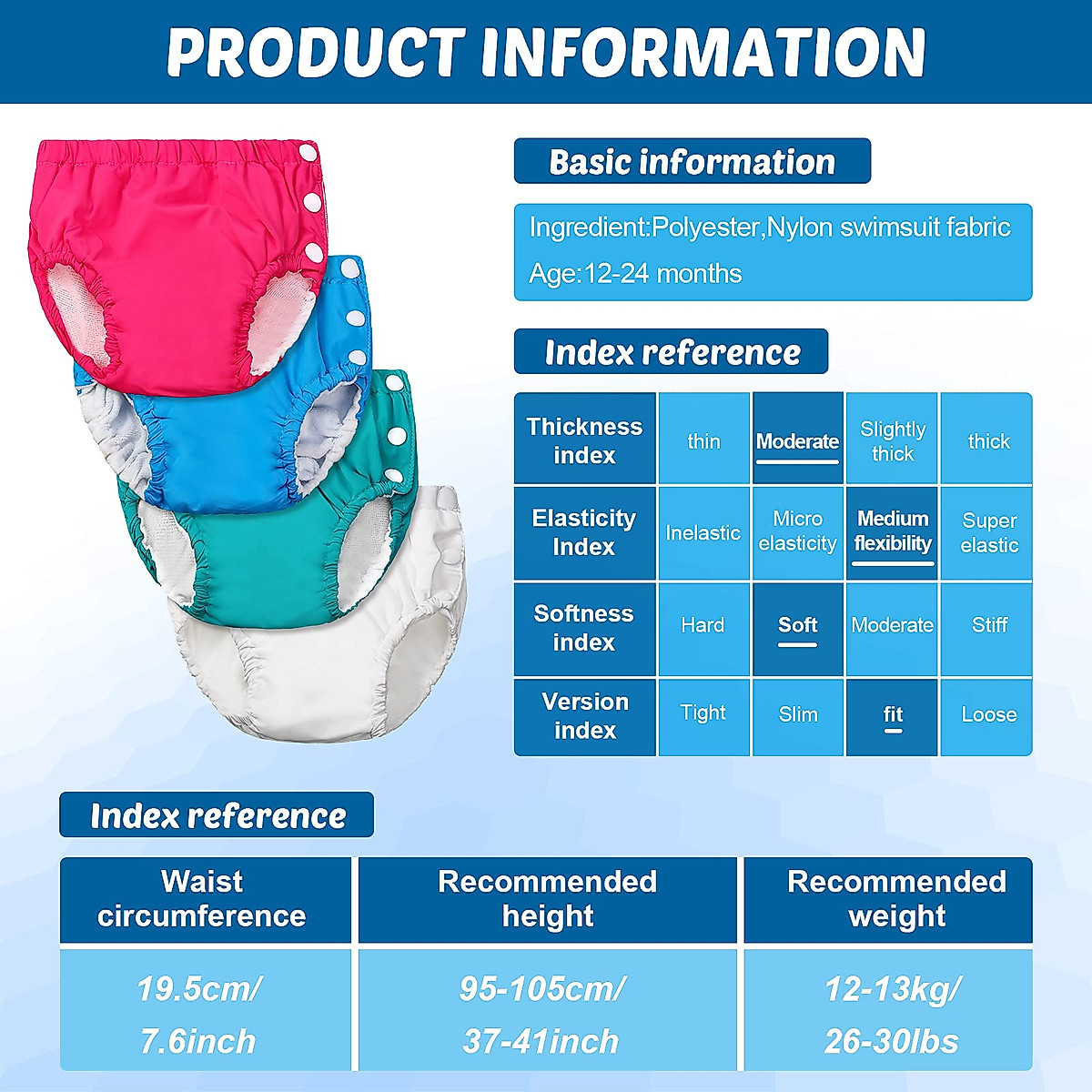 Huukeay 4 Pieces Swim Diapers Reusable Baby Swim Diapers Adjustable Snap Swim Diapers Washable Pool Swim Diapers for Unisex Baby Girls Boys (White, Blue, Green, Rose Red, 12-24 Month)