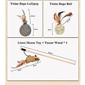 7 Pack Ferret Toys - Interactive Ferret Toys Assortments Feather Teaser Wand with Sisal Mice Balls and Bells Toys for Ferret Cat Kitten Puppy (7 Pack)