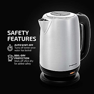 Ovente Electric Tea Kettle Stainless Steel 1.7 Liter Portable Instant Hot Water Boiler Heater 1100W Power Fast Boiling with Cordless Body and Automatic Shut Off for Coffee Milk Chocolate Silver KS27S