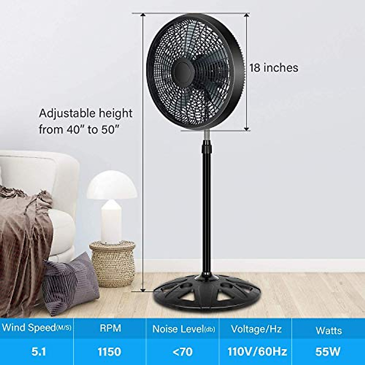 Simple Deluxe 18 Inch Pedestal Stand Fan 3 Adjustable Speed for Indoor, Bedroom, Living Room, Home Office & College Dorm Use, 18 Inch, Black