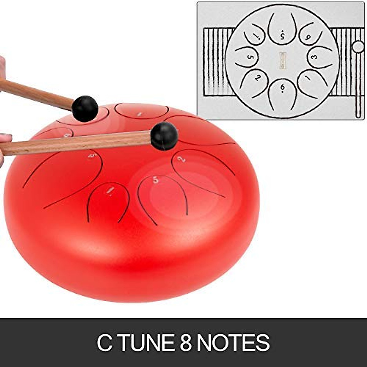 Happybuy Steel Tongue Drum 8 Notes 10 inches Mini Tongue Drum Red Handpan Drum Notes Percussion Instrument Steel Drums Instruments with Bag, Music Book, Mallets,Mallet Bracket