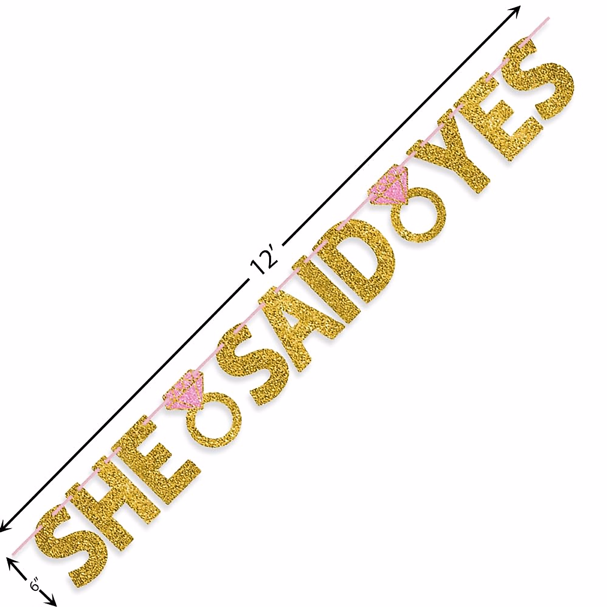 Sparkling "She Said Yes" Wedding Letter Banner - 6" Letters with 12' Ribbon | Stunning Gold & Pink Glittered Paper | Perfect for Engagement Celebrations & Bridal Showers