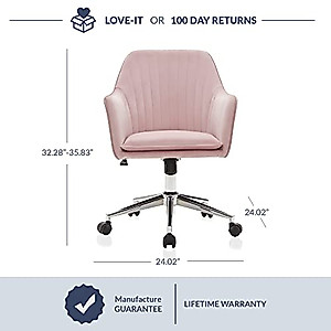 BELLEZE Modern Upholstered Velvet Desk Chair with Swivel Wheels and Adjustable Height, Decorative Rolling Office or Vanity Armchair, Stylish Comfy - Alayah (Pink)