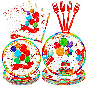 SCIONE 96 PCS Birthday Plates and Napkins Party Supplies Vivid Balloons Designs for Kids Party Decorations with Colorful Balloons Disposable Paper Plates Napkins and Forks Serve 24