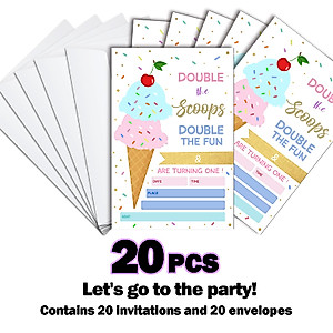 Ice Cream Birthday Party Invitations, Double the Scoops Double the Fun Twin Babies 1st Birthday Party Invitation, Summer Ice Cream Theme, Birthday Party Supplies, 20 Invitations with Envelopes - JY691