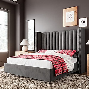 Jocisland Bed Frame Queen Size Upholstered Bed Wingback Headborad Velvet Channel Tufted/No Box Spring Needed/Dark Grey