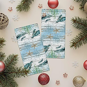 Kitchen Towels Sea Whale Starfish Absorbent Tea Towel Soft Hand Dish Towel Rustic Wood Ocean Compass Blue Reusable Washable Cleaning Cloth Bath Towels for Bathroom Bar for Everyday Cooking (Pack of 1)