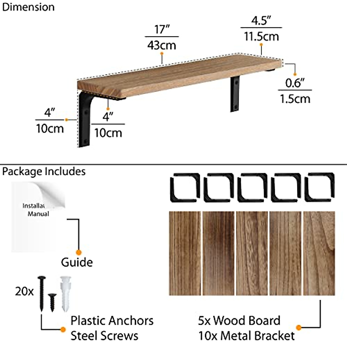 Wallniture Nola Floating Shelves for Wall Storage, Bookshelf Living Room Decor, Bathroom Organizer, 17" Wall Shelves for Bedroom, Kitchen Shelves Set of 5 Burnt Finish