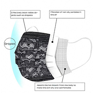Fashion Lace Lace_Masks for Women 50pcs,Lace Disposable Face_Masks 3-Ply Breathable Black, Lace Pattern 3 Ply Face_Mask with Elastic Earloop