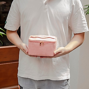 FUNSEED Travel Makeup Bag Portable Small Mini Cosmetic Organizer Storage Case with Handle for Jewelry, Lipstick, Cosmetic Box (Pink)