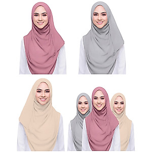 QYMY 3PCS Women Soft Chiffon Scarves Solid Color Hijab Muslim Head Scarf Long Scarf Wrap Scarves chiffon Scarf (Beige+Grey+Red bean powder)