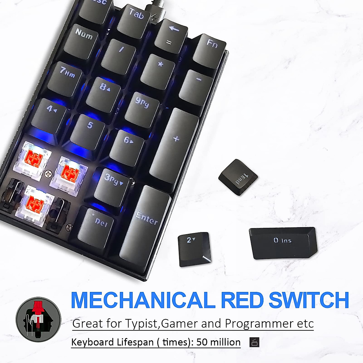 MOTOSPEED K23 Mechanical Numeric Keypad Red Switch Wired 21 Keys Mini Numpad Portable Keypad Backlight Gaming Keypad Extended Layout for Cashier