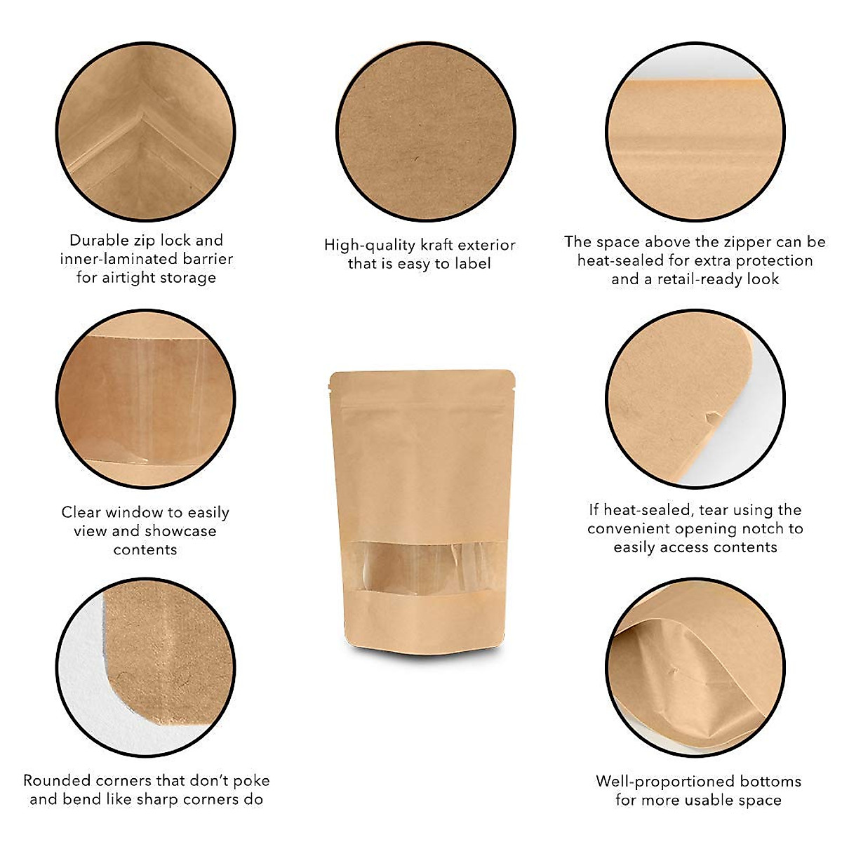 Yuugen Products Kraft Stand-Up Pouch Bags with Clear Window, Zip Lock, and Tear Notch - Reusable, Heat-Sealable | Storage for Food, Non-Food Items, Home and Business - 50 Pcs (5.9" x 8.6")