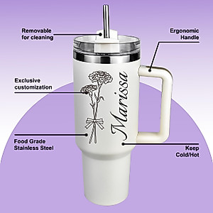 Personalized 40 Oz Tumbler with Handle and Straw, Custom Stainless Steel Insulated Tumbler with Name and Engraved Birth Month Flower, Travel Coffee Mug Personalized Gifts for Women and Girls