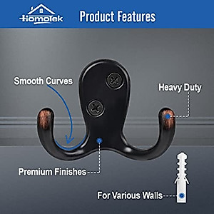 HOMOTEK 4 Pack Heavy Duty Coat Hooks Wall Mounted Double Prong(Left and Right) Rustproof Coat Hooks Hardware Retro Dual Robe Hanger for Coat,Towel, Scarf, Hat, Bag, Key, Shoes, Oil Rubbed Bronze