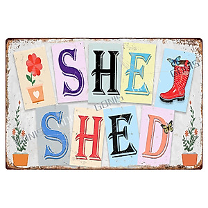 She Shed Metal Sign for Home Decor, Vintage Rusting Wall Art with Holes, Weather-Proof Metal Tin Sign for Woman Cave Home Front Door Garden Kitchen Bedroom - 12 x 8 inches - 4 Holes - Color2