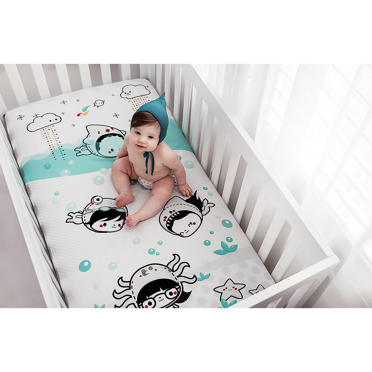 Rookie Humans 100% Organic Cotton Sateen Fitted Crib Sheet: Dive in, Modern Nursery, Use as a Photo Background for Your Baby Pictures. Standard Crib Size (52 x 28 inches)