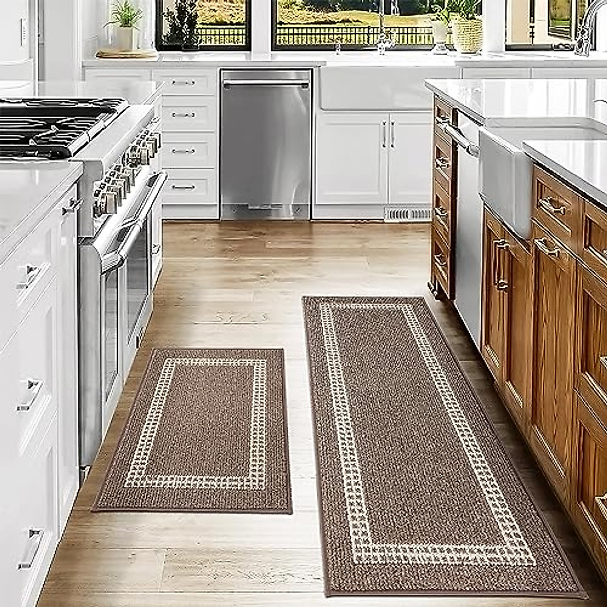 COSY HOMEER Kitchen Floor Mats[2 PCS] for in Front of Sink Super Absorbent Kitchen Rugs and Mats 48x20 Inch/30X20 Inch Non-Skid Kitchen Mat Standing Mat Washable,Polypropylene,Brown